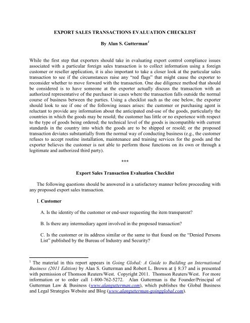 EXPORT SALES TRANSACTIONS EVALUATION CHECKLIST By ...