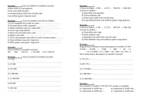 Exercice : Ecris en chiffres les nombres suivants ... - Pass Education