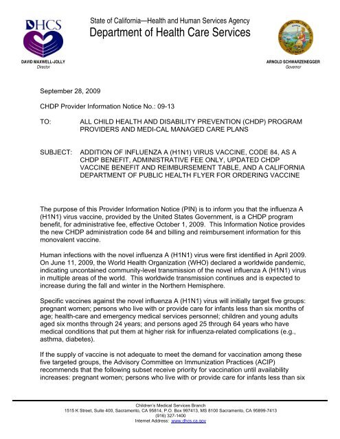 CHDP Provider Information Notice 09-13 - Department of Health ...