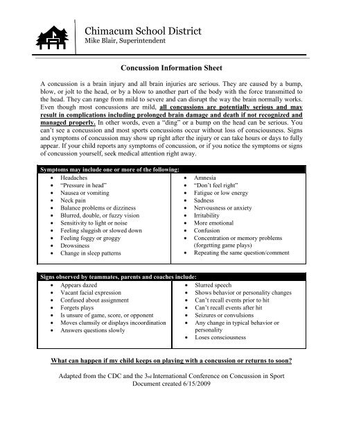 Concussion Information Sheet for Athletes and Parents - Chimacum ...