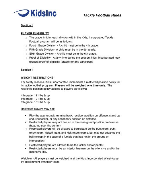 Tackle Football Rules - Kids, Incorporated