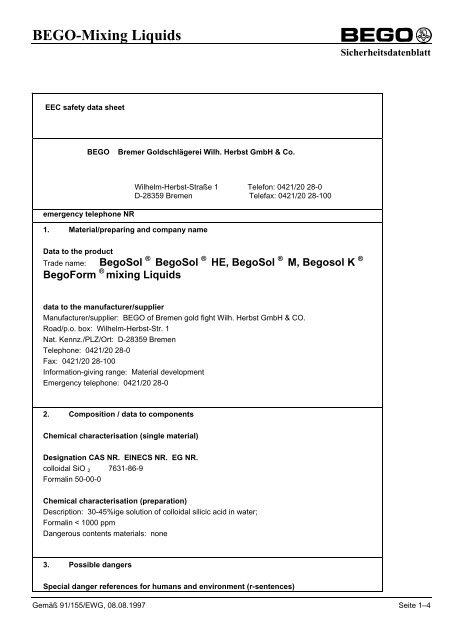 Begosol K MSDS - Bego USA