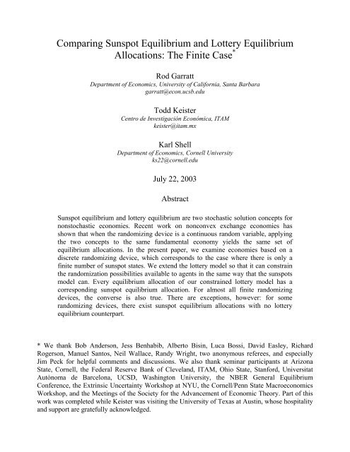 Comparing Sunspot Equilibrium and Lottery Equilibrium ... - Karl Shell