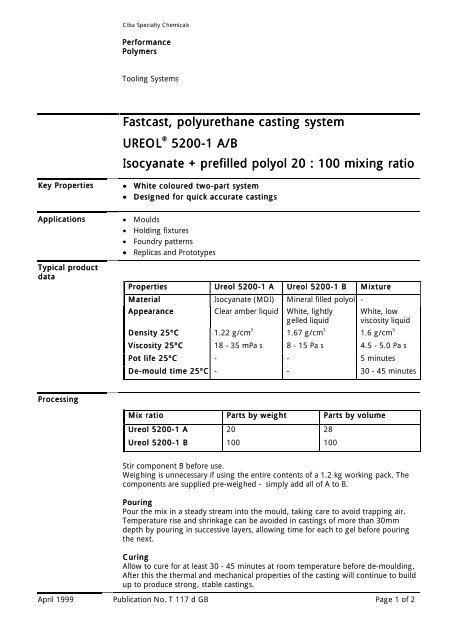 Fastcast, polyurethane casting system UREOLÂ®Â® 5200-1 A/B ...