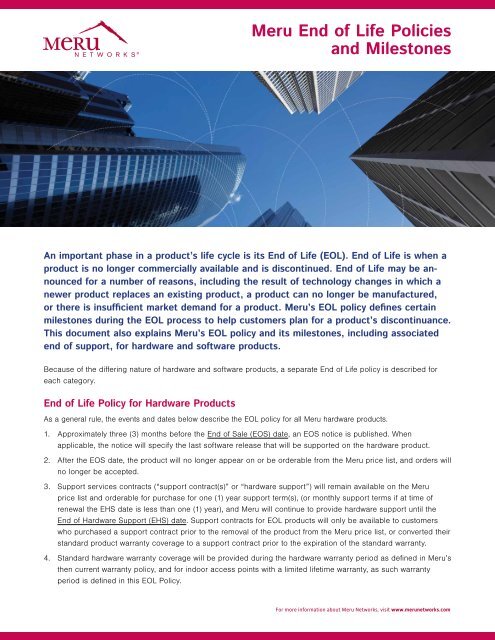 Meru End of Life Policies and Milestones - Meru Networks