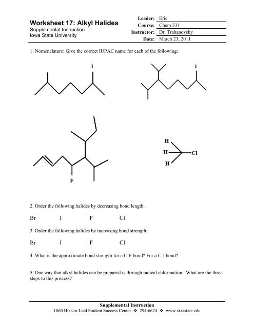 Worksheet 17: Alkyl Halides - Iowa State University