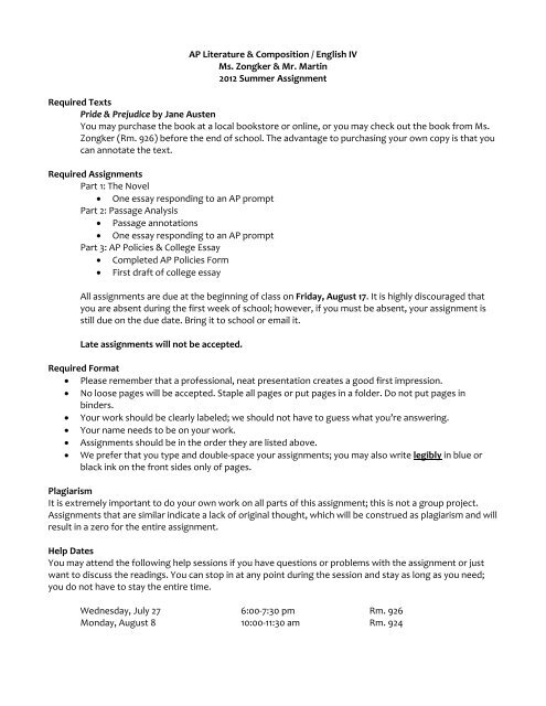 AP Literature & Composition / English IV Ms. Zongker & Mr. Martin ...