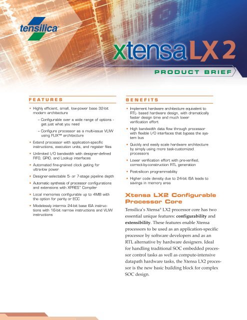 Xtensa LX2 Configurable Processor Core PRODUCT BRIEF
