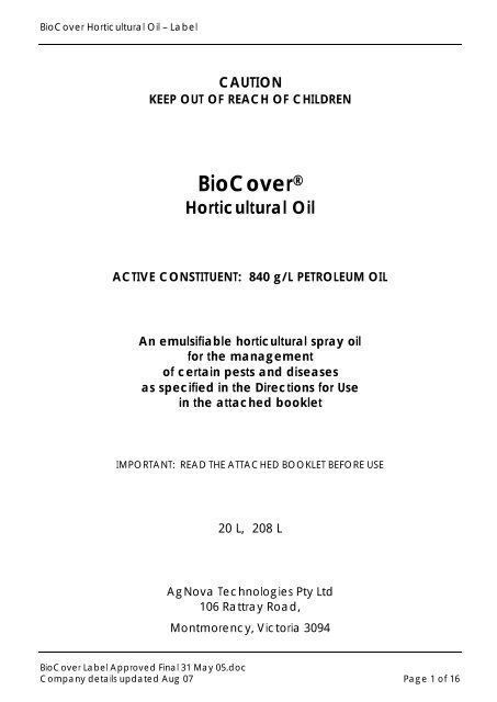 BioCover Horticultural Oil label - TreeStuff.com