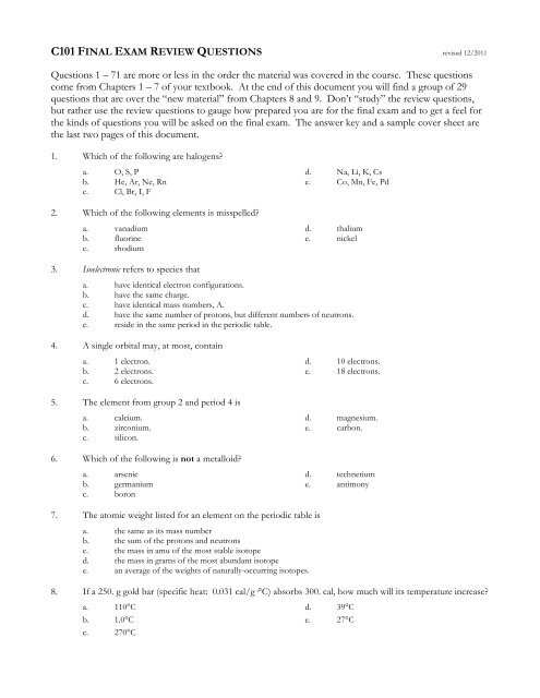 C101 FINAL EXAM REVIEW QUESTIONS Questions 1 â 71 are ...