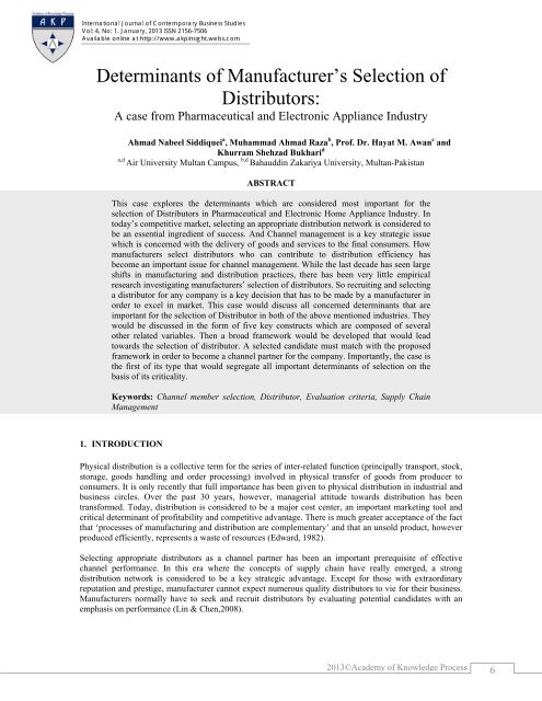 Determinants of Manufacturer's Selection of Distributors:
