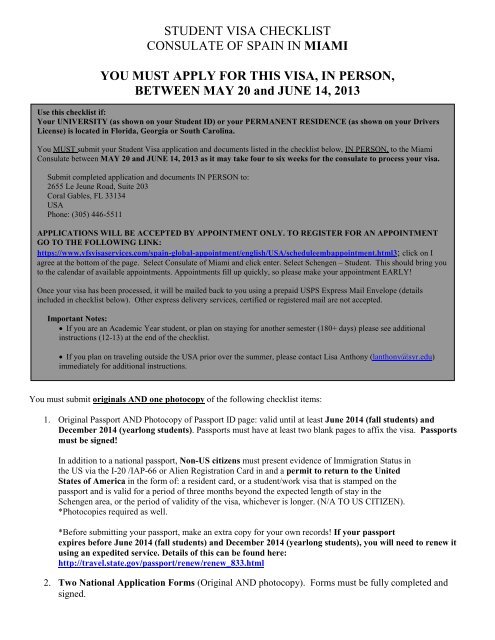 student visa checklist consulate of spain in miami - SU Abroad