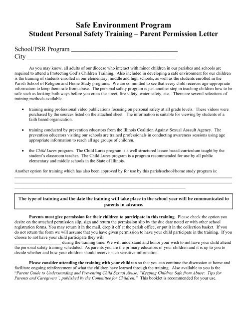 Parent Permission Letter and Slip - Diocese of Springfield in Illinois