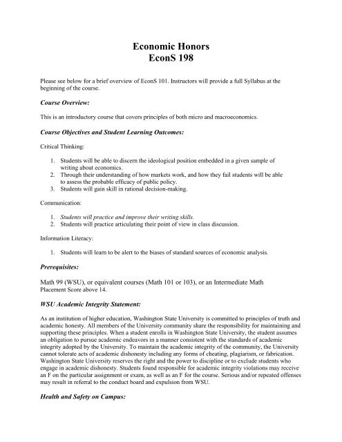 Economic Honors EconS 198 - Washington State University