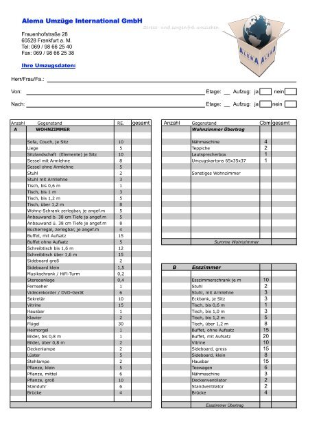 Inventarliste (als Adobe PDF) - ALEMA - Umzüge International Gmbh