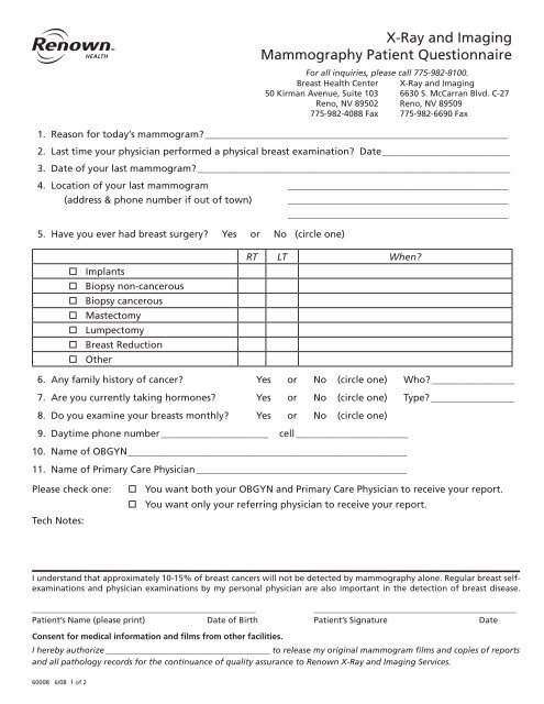 X-Ray and Imaging Mammography Patient ... - Renown Health