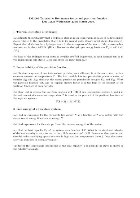 Sm2006 Tutorial 3 Boltzmann Factor And Partition Function Physics