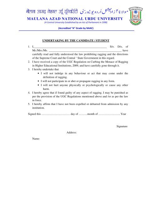 Undertaking Form Maulana Azad National Urdu University undertaking-form-maulana-azad-national-urdu-university