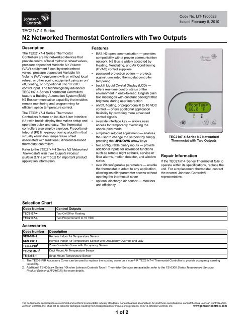 TEC21x7-4 Series N2 Networked Thermostat ... - Johnson Controls