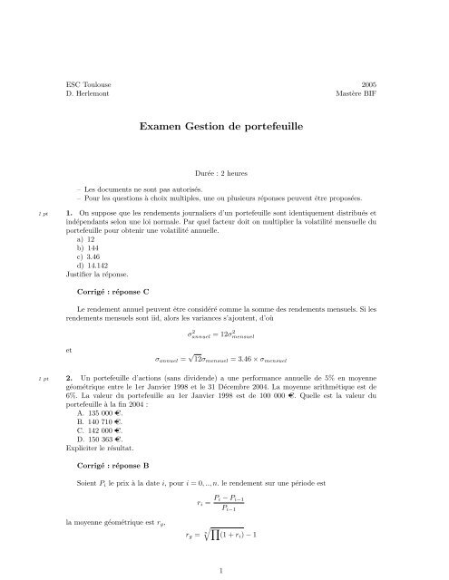 examen corrigé gestion de portefeuille