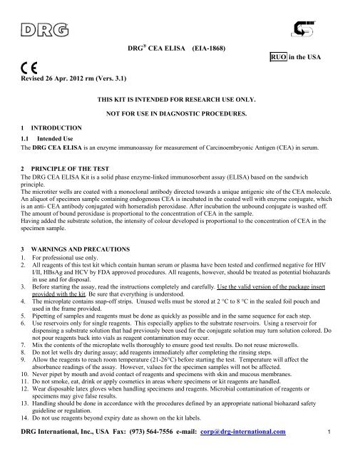 DRG CEA ELISA (EIA-1868) RUO in the USA ... - DRG International