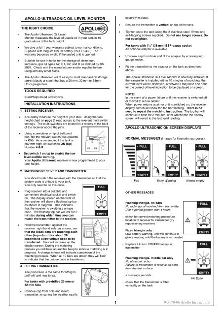 Apollo Ultrasonic Oil Level Monitor - RPM Fuels & Tanks