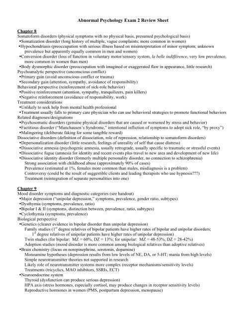 Abnormal Psychology Exam 2 Review Sheet
