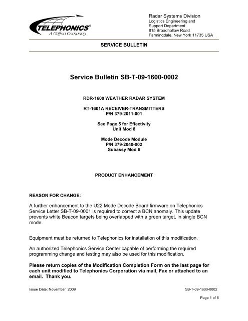 Service Bulletin SB-T-09-1600-0002 - Telephonics Corporation