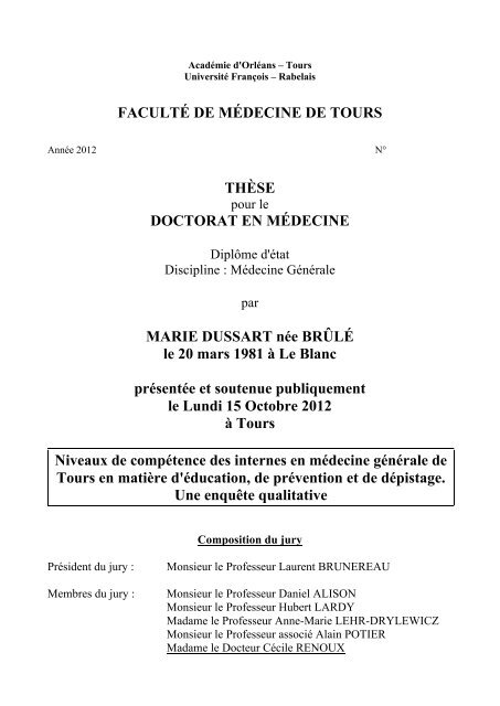 THÈSE Pour l'Obtention du Doctorat en Médecine JURY - Université