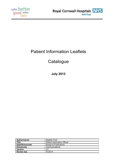 Patient Information Leaflet Catalogue - the Royal Cornwall Hospitals ...