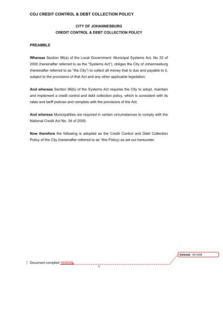 COJ CREDIT CONTROL & DEBT COLLECTION POLICY - Joburg