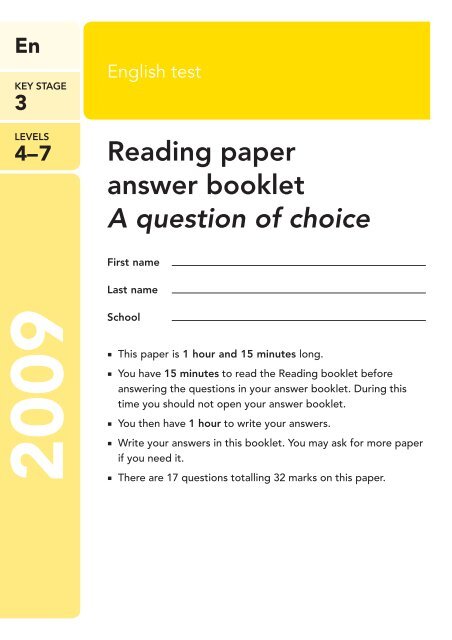Reading paper answer booklet A question of choice - Emaths