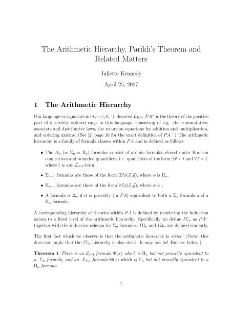 The Arithmetic Hierarchy, Parikh's Theorem and Related Matters