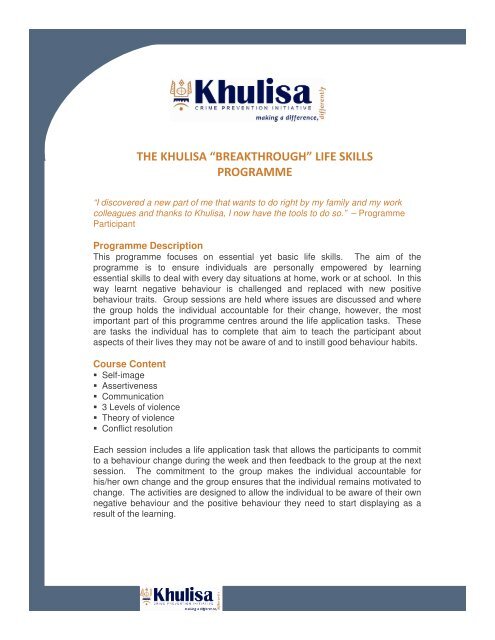 the khulisa “breakthrough” life skills program me - Khulisa Social ...