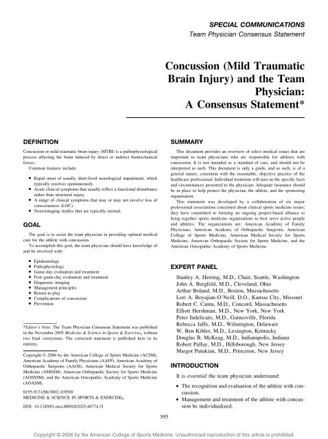 Concussion (Mild Traumatic Brain Injury) and the Team ... - amssm