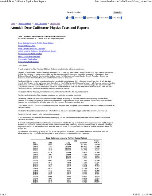 Atomlab Dose Calibrator Physics Test Reports - Biodex
