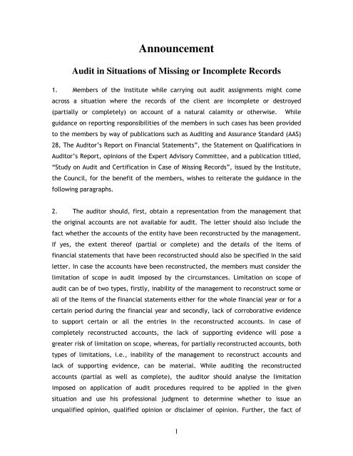 Audit in Situations of Missing or Incomplete Records - CAalley.com