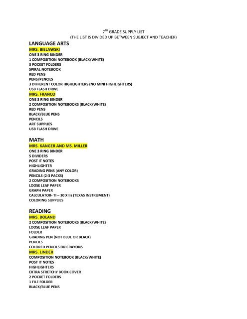 School Supplies List For 7th Grade