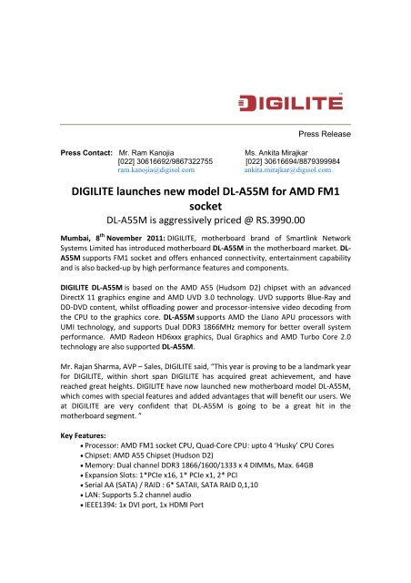 DIGILITE Launches new motherboard model DL-A55M ... - Digisol.com