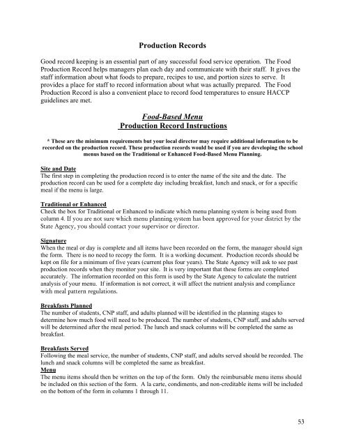 Production Records Food-Based Menu Production Record Instructions