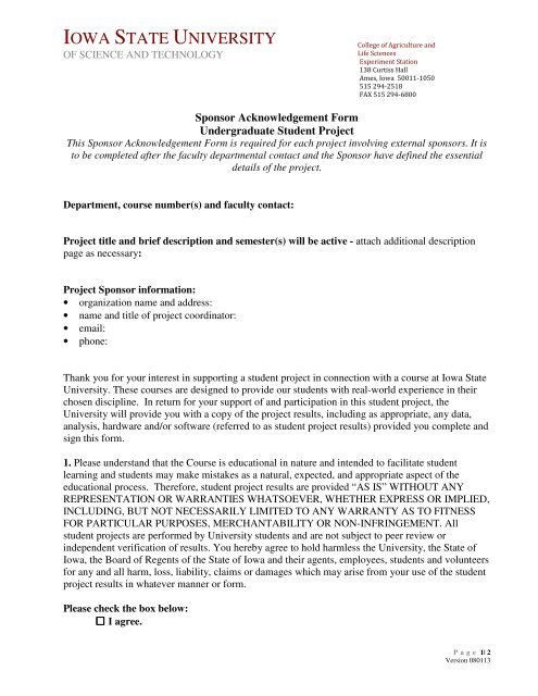 Sponsor Acknowledgement Form Student Project - College of ...