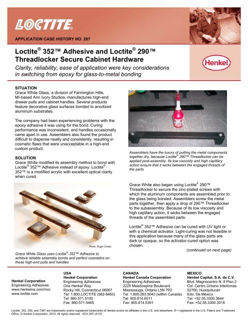 Loctite® 352™ Adhesive and Loctite® 290™ Threadlocker Secure ...