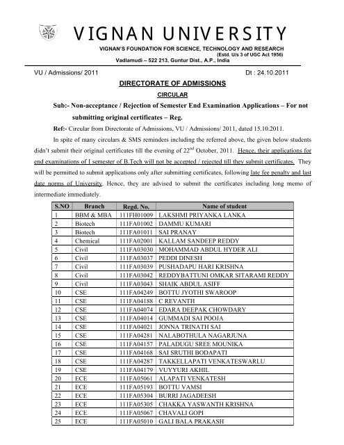 Submit certificates to receive exam applicationss - Vignan University