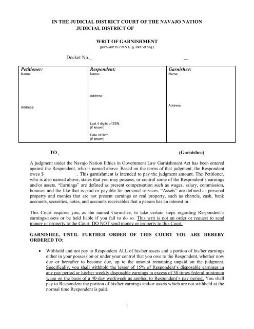 Writ of Garnishment Form - Navajo Courts