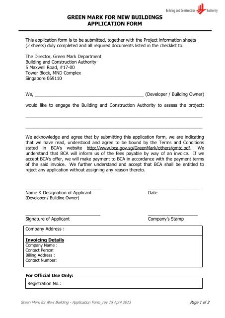 GREEN MARK FOR NEW BUILDINGS APPLICATION FORM
