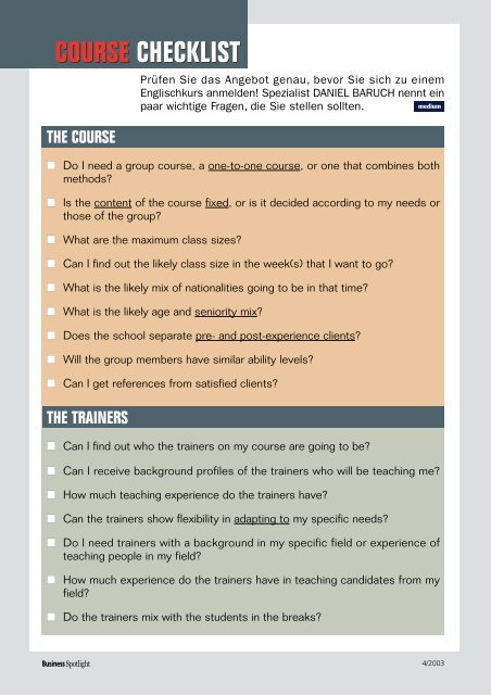 COURSE CHECKLIST COURSE CHECKLIST - Business Spotlight