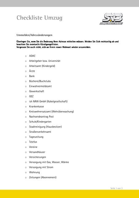 Checkliste Umzug - SVB