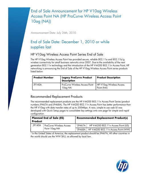 End of sale announcement - HP Networking