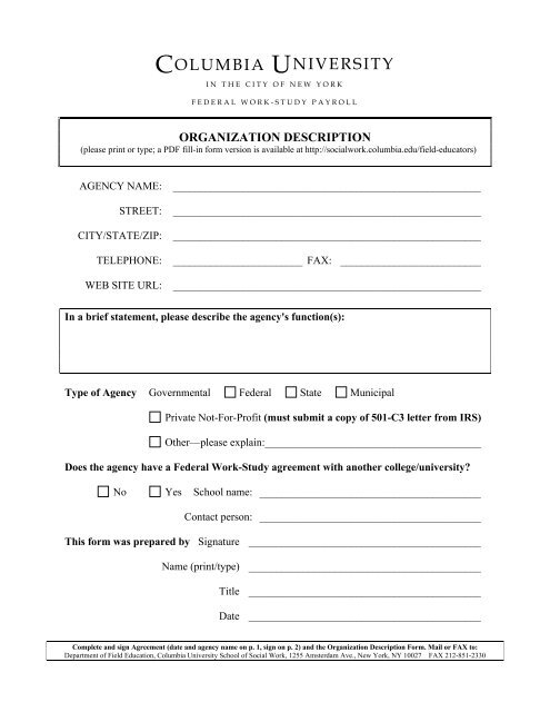 Federal Work Study Agreement Agency Description Form federal-work-study-agreement-agency-description-form