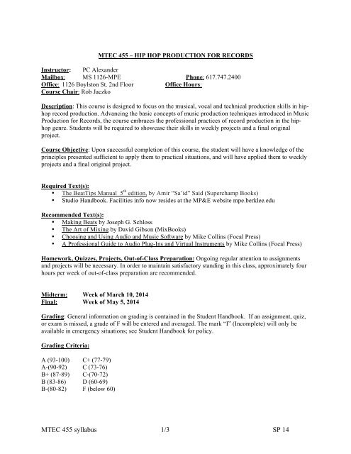 Course Syllabus - Music Production & Engineering at Berklee